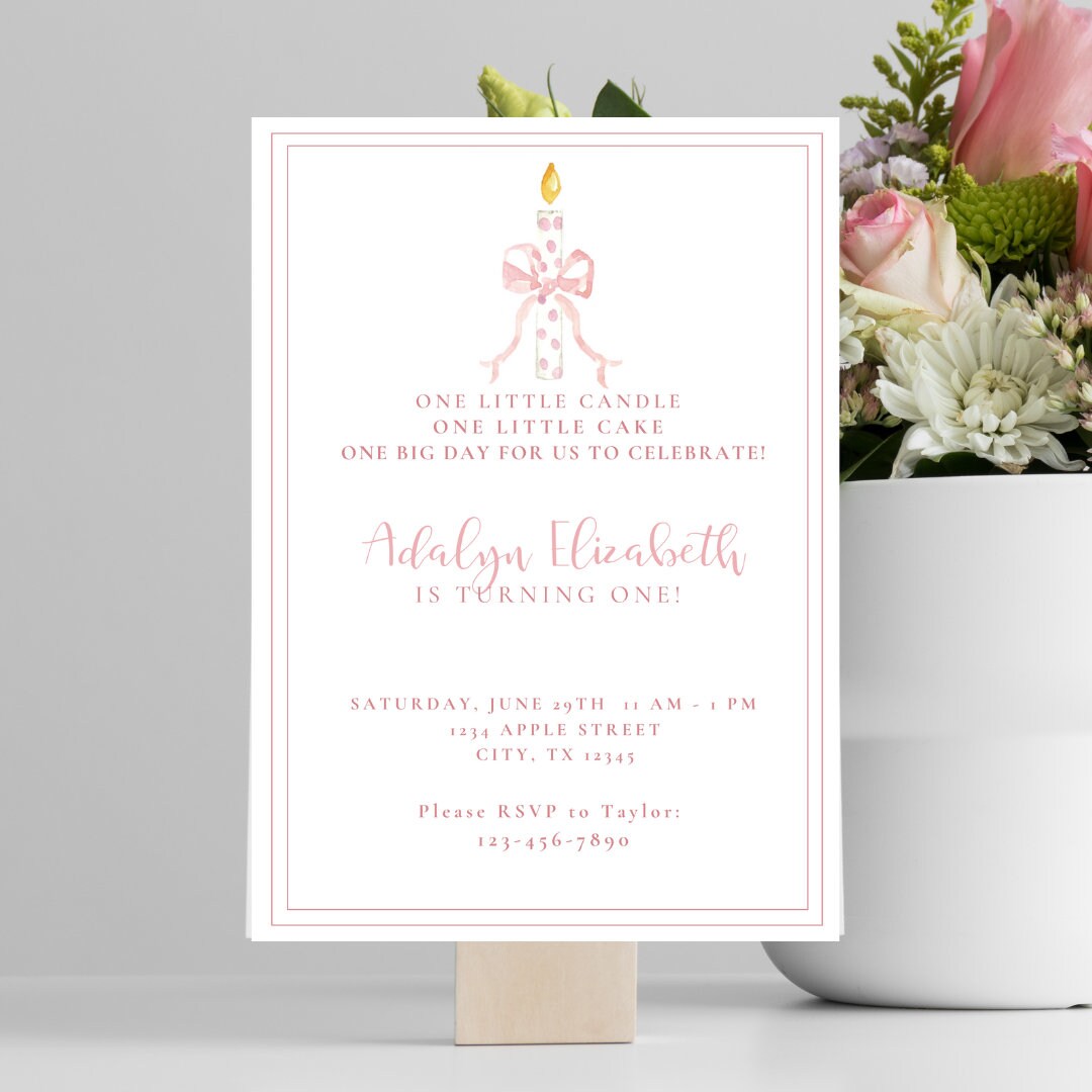 Editable Pink Bow First Birthday Invitation - Etsy