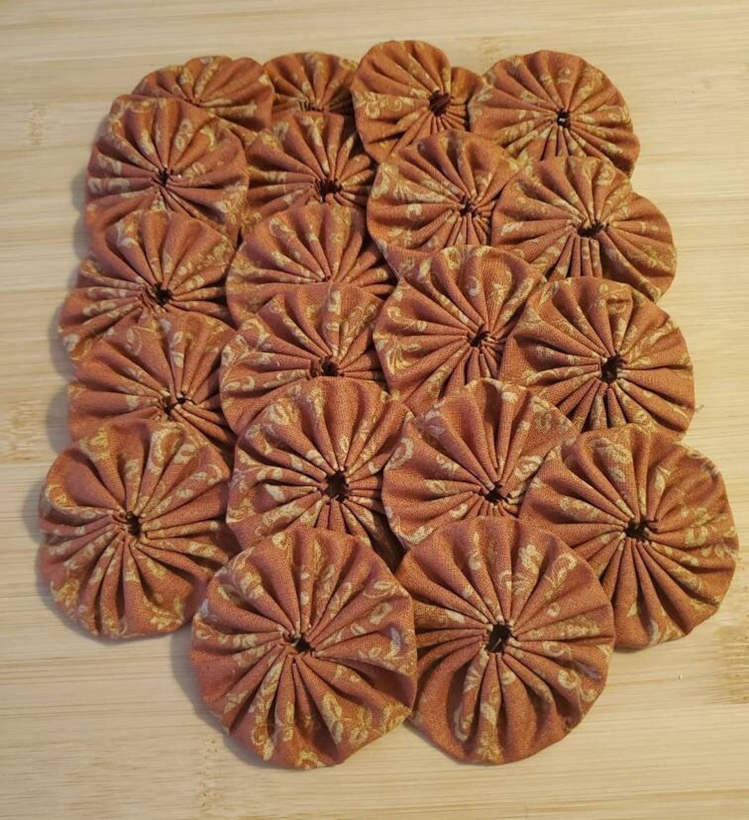 Hand Sewn Fabric Yo Yos Set of 20 in Copper Brown With Light Gold ...