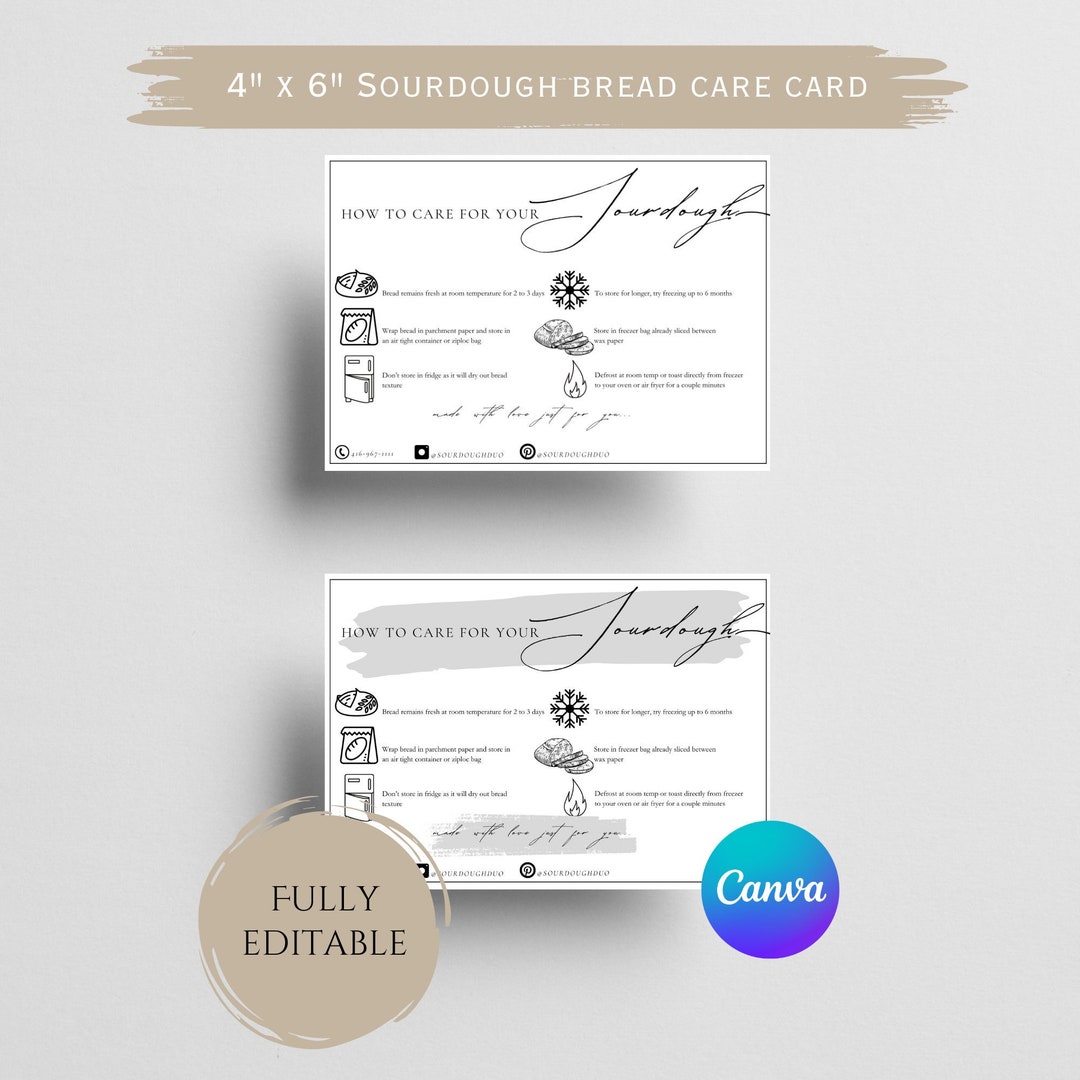 Sourdough Bread Care Card Template | Bakery Instructions (digital ...