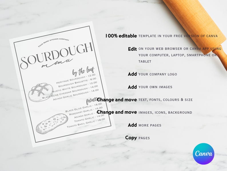 Sourdough Menu Template: Editable Bakery Menu Design (digital Download ...