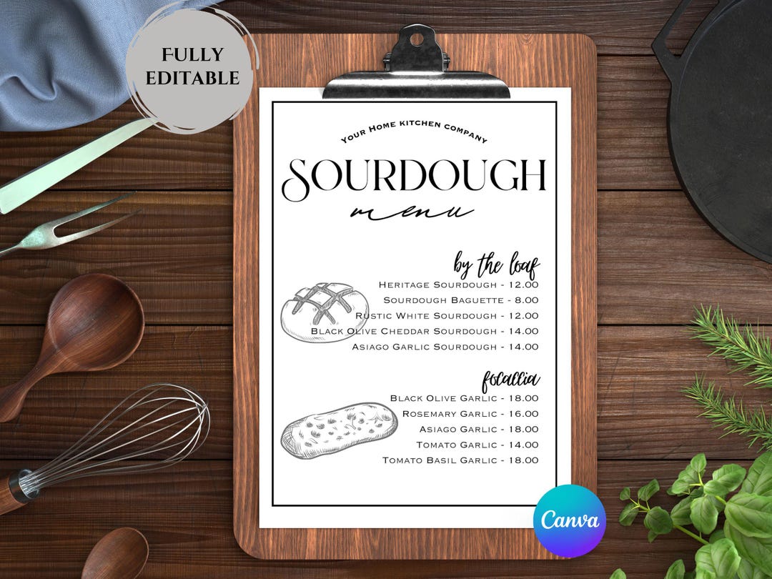 Sourdough Menu Template: Editable Bakery Menu Design (digital Download ...