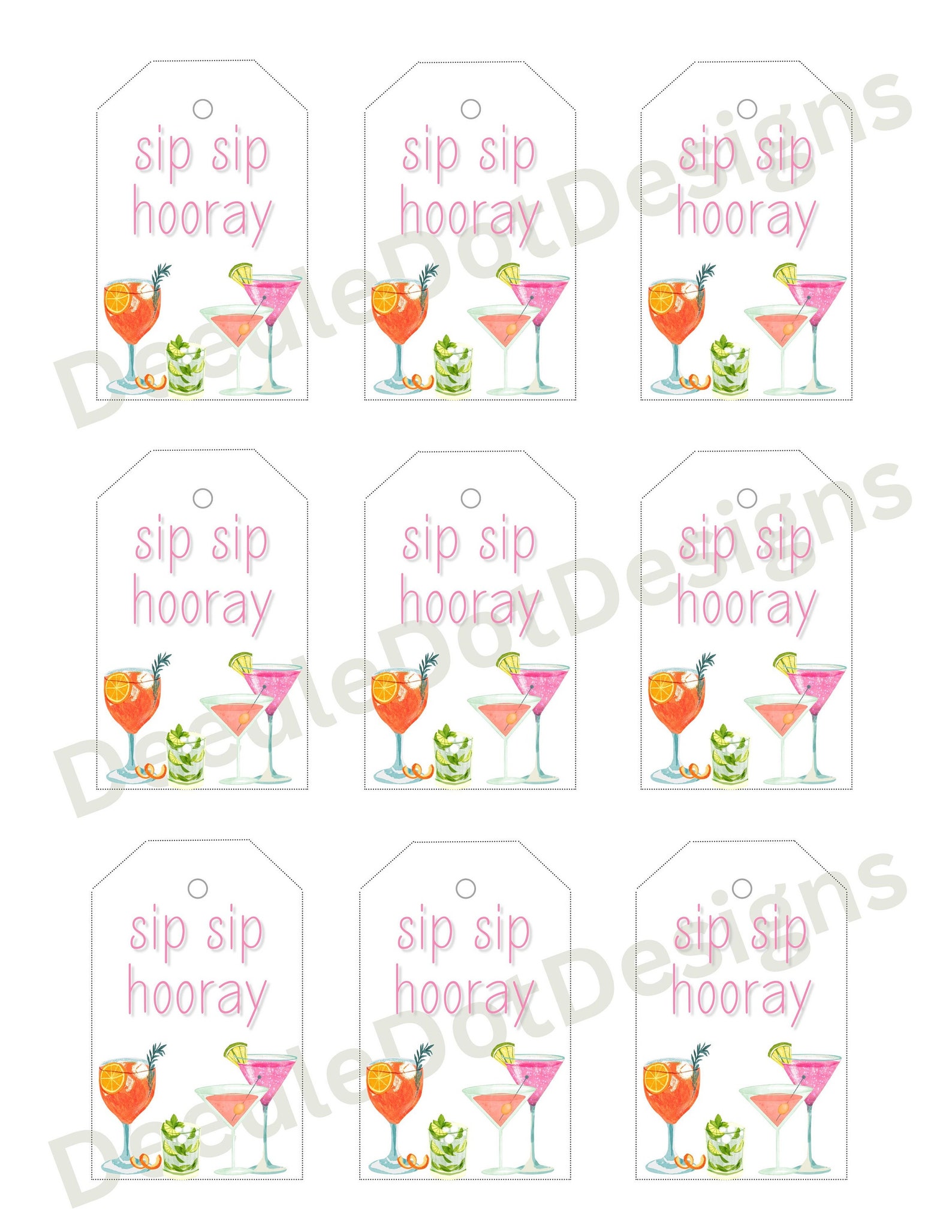 Sip Sip Hooray Mixed Drinks Gift Tags (PDF Sheet of 9, 2x3-inches ...