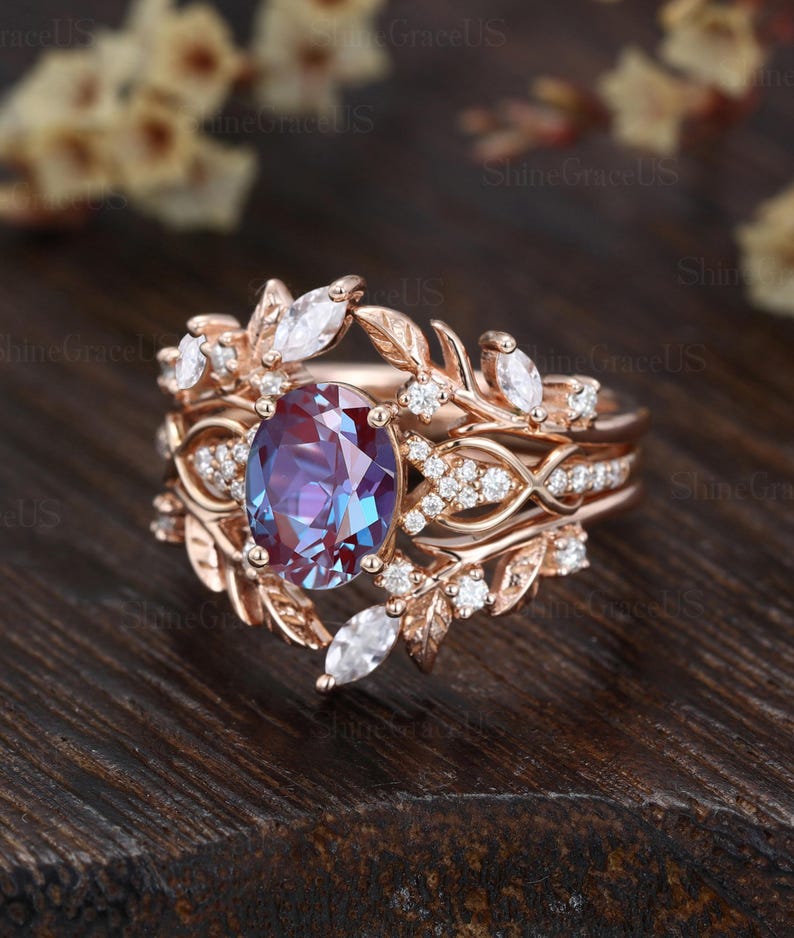 1.5CT Oval Alexandrite Engagement Ring Set Vintage Cluster Moissanite ...