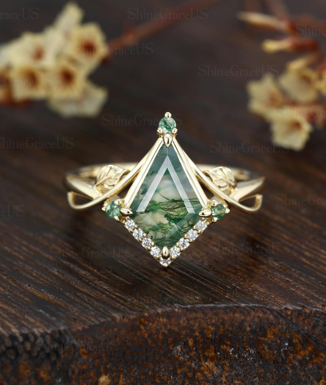 7*10mm Kite Cut Moss Agate Engagement Ring Unique Yellow Gold Bridal ...