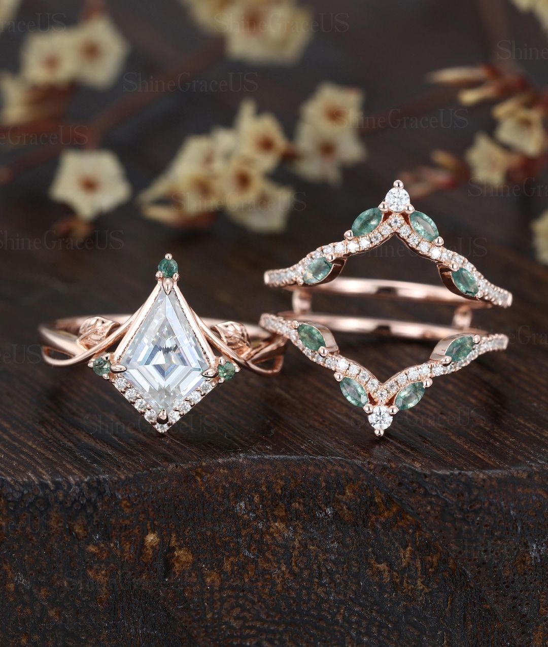 Kite Cut Moissanite Engagement Ring Set Vintage Nature Inspired ...