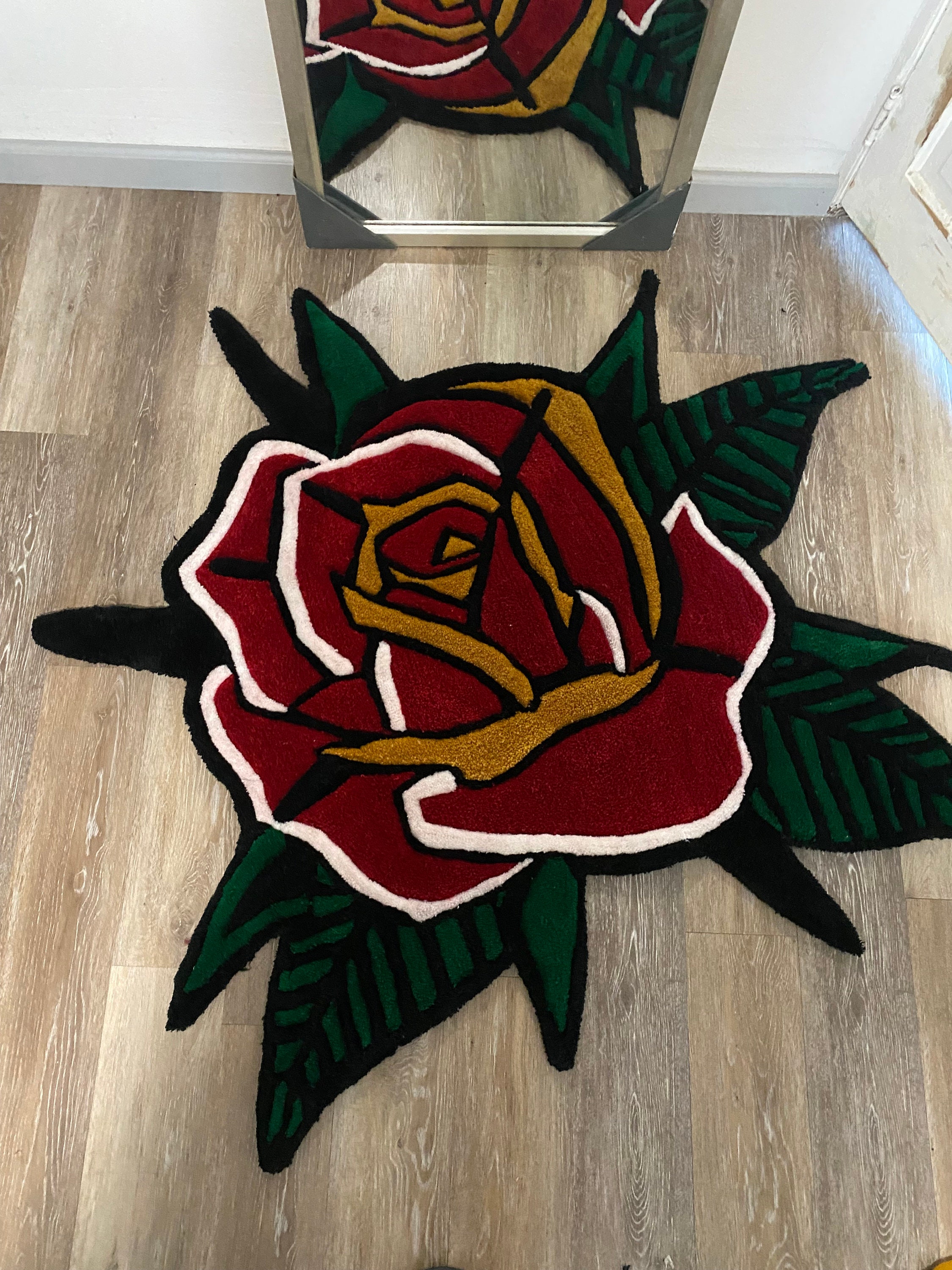 Tradition American Rose Tattoo Style Tufted Rug Red Large Floor Rug or ...
