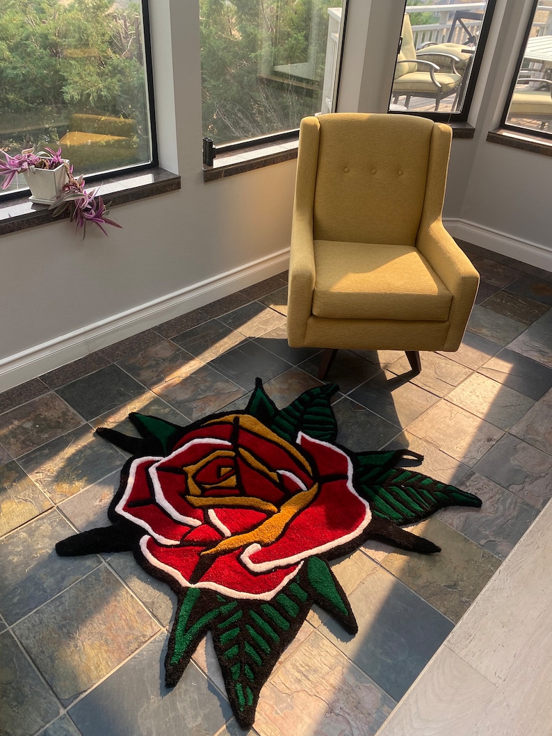 Tradition American Rose Tattoo Style Tufted Rug Red Large Floor Rug or ...