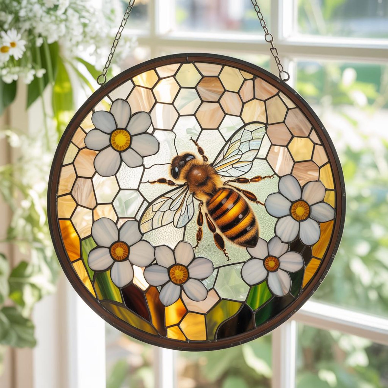 Bee Wildflowers Glass Suncatcher, Bee Stained Glass Suncatcher ...