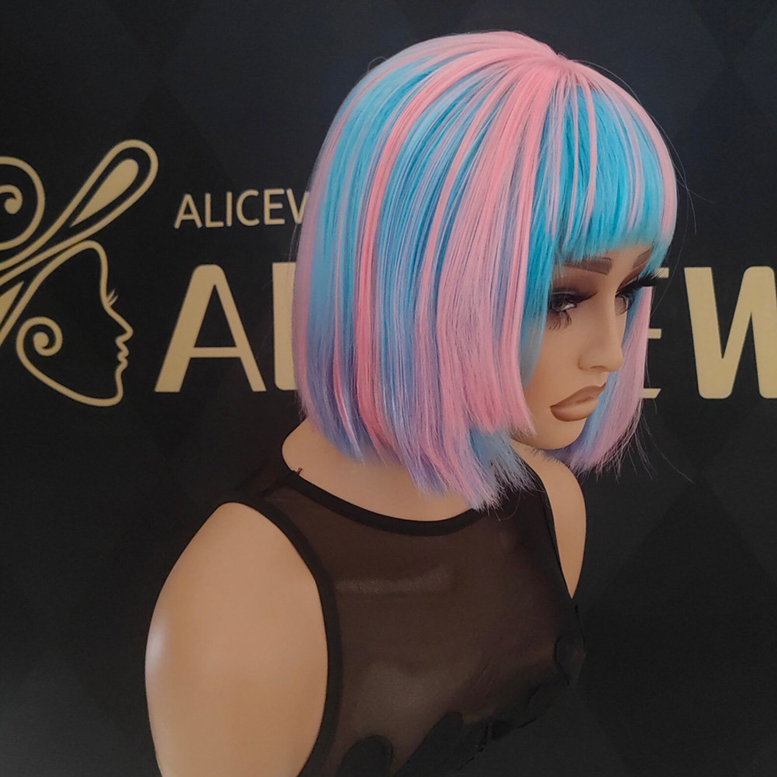 Pickled Blue Wig, Multicolored Two Color BOBO Wig With Bangs, Multi ...