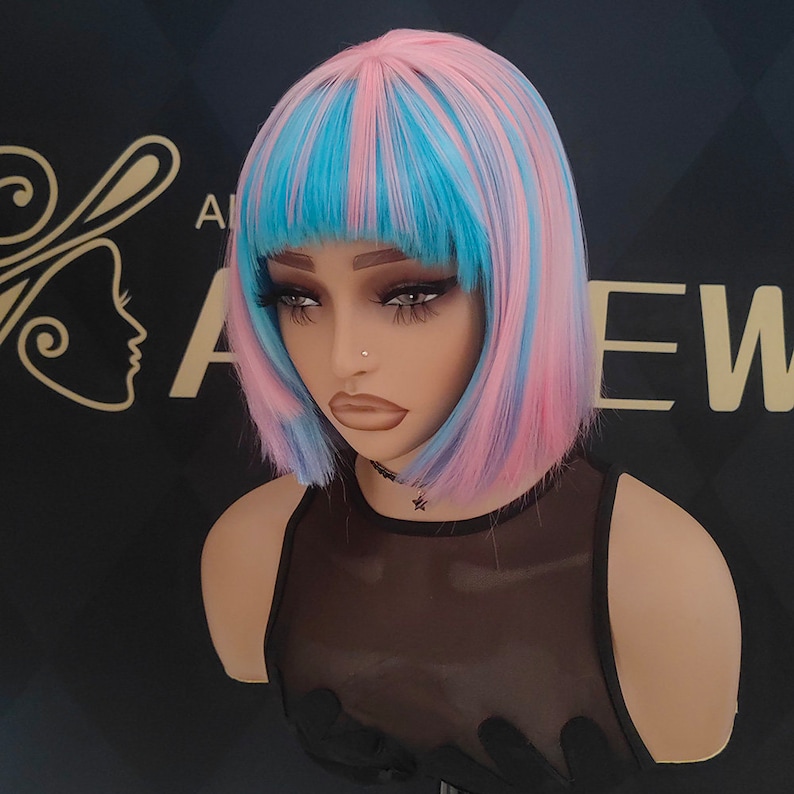 Pickled Blue Wig, Multicolored Two Color BOBO Wig With Bangs, Multi ...