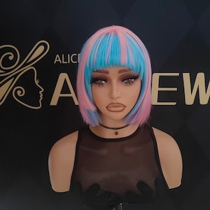 Pickled Blue Wig, Multicolored Two Color BOBO Wig With Bangs, Multi ...