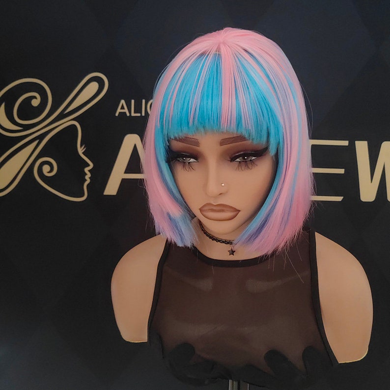 Pickled Blue Wig, Multicolored Two Color BOBO Wig With Bangs, Multi ...
