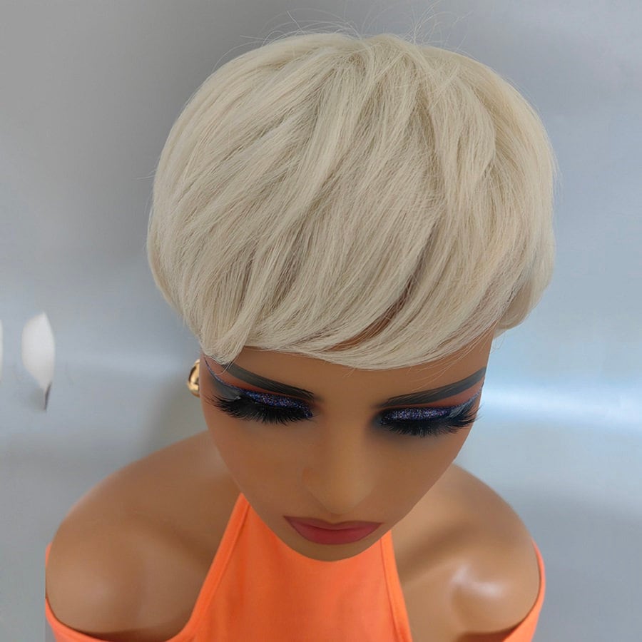 Beige Wig, Beige Pixie Wig, Blonde Wig, Wig With Bangs, Short Straight ...