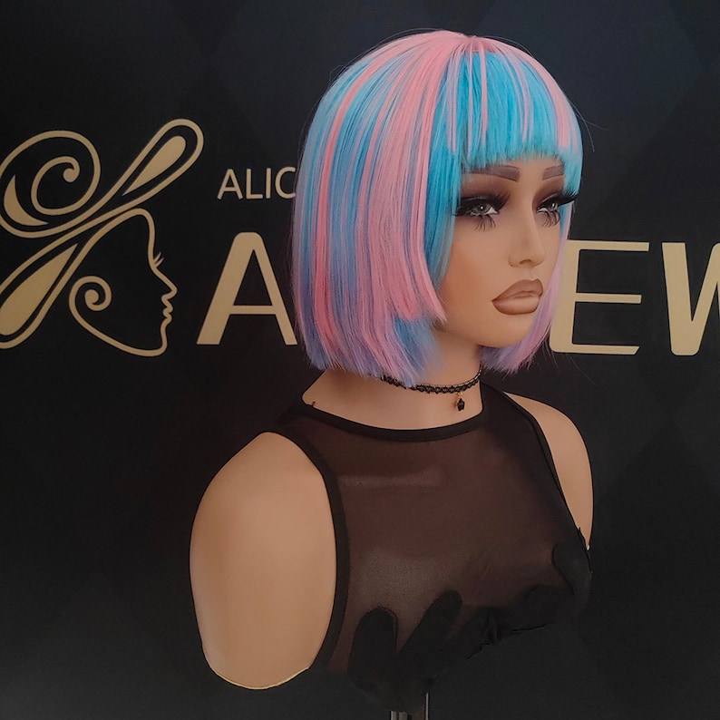 Pickled Blue Wig, Multicolored Two Color BOBO Wig With Bangs, Multi ...