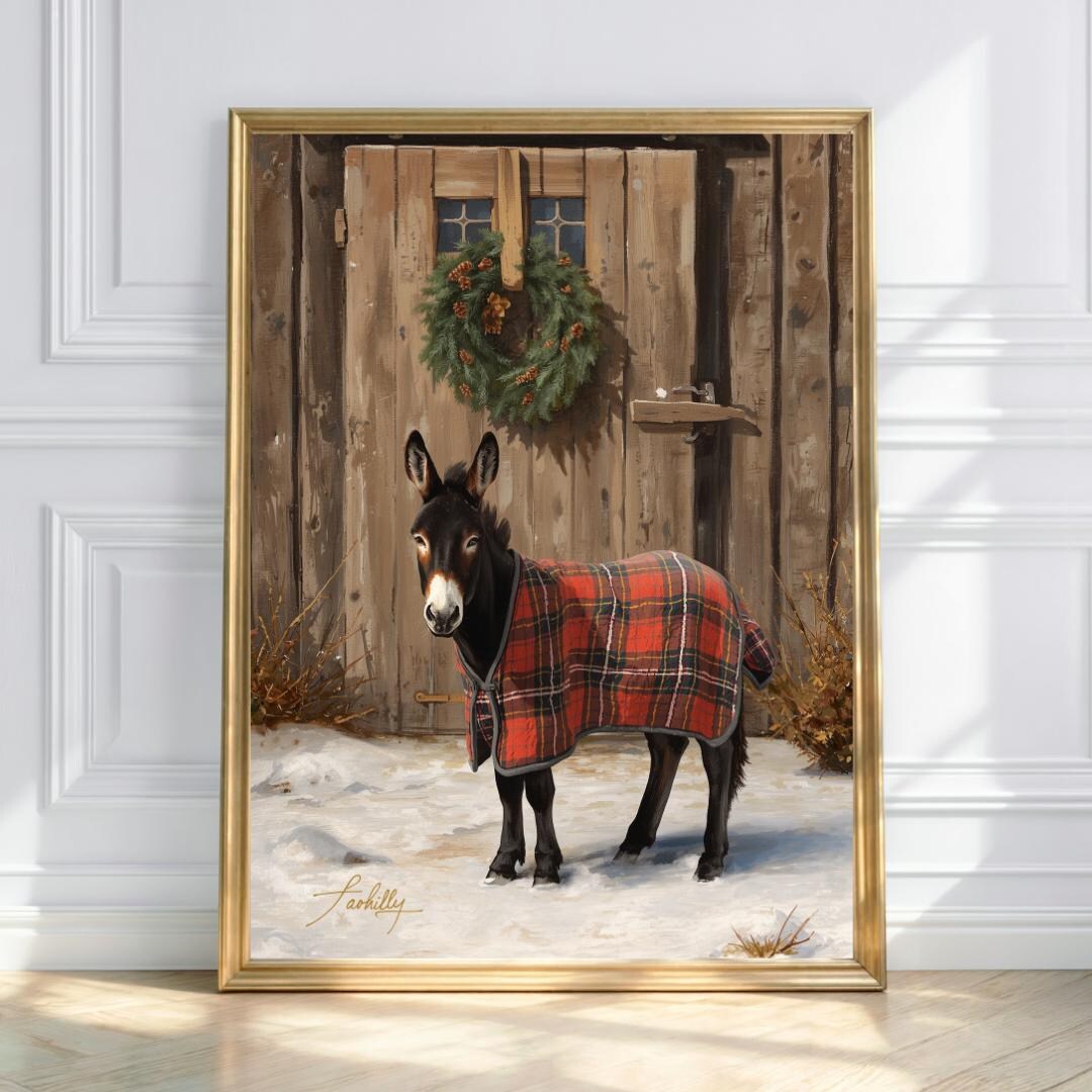 Rustic Christmas Donkey Wall Art | Farmhouse Winter Barn Print | Cozy ...