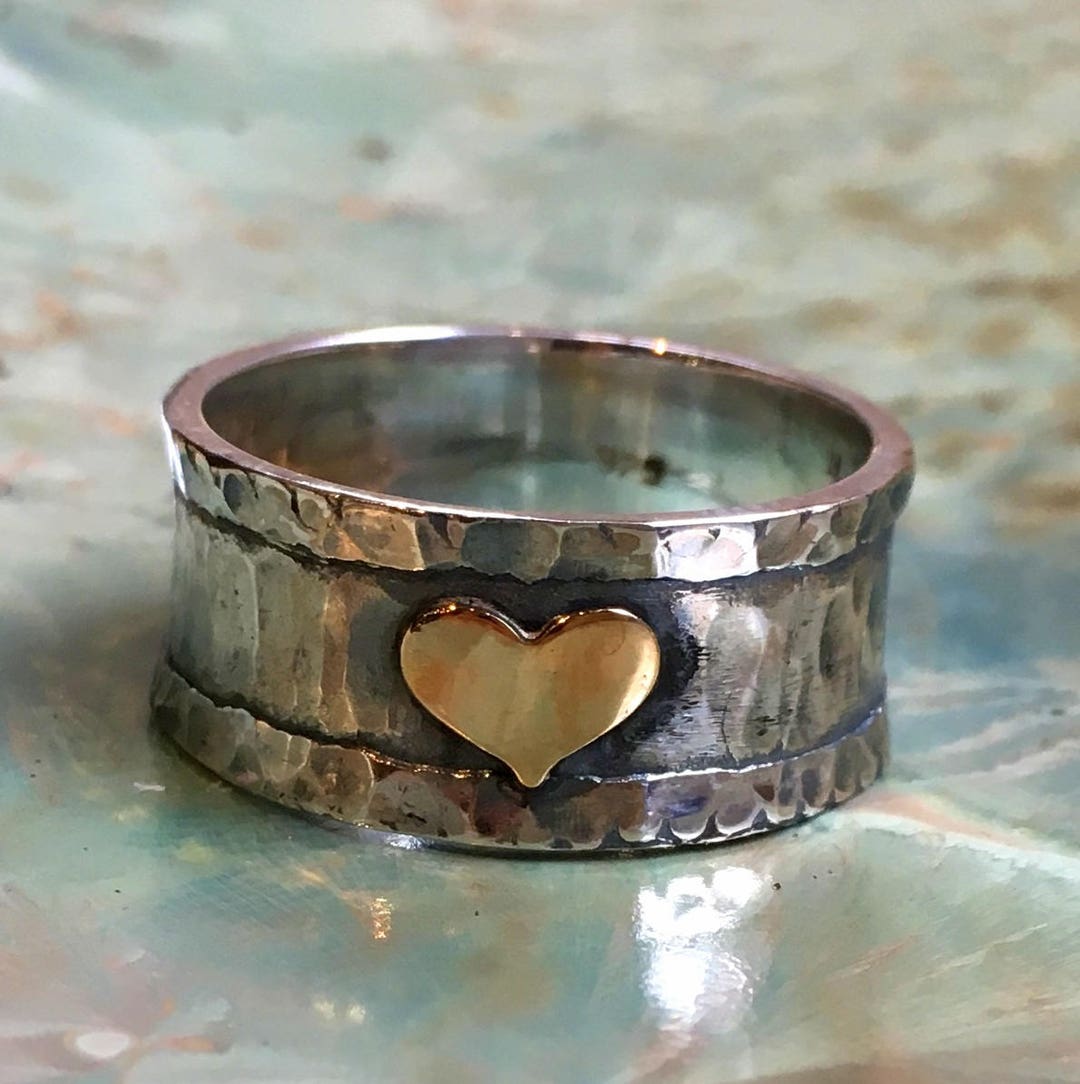 Gold Heart Ring, Two Tones Ring, Oxidised Ring, Valentines Ring, Wide ...