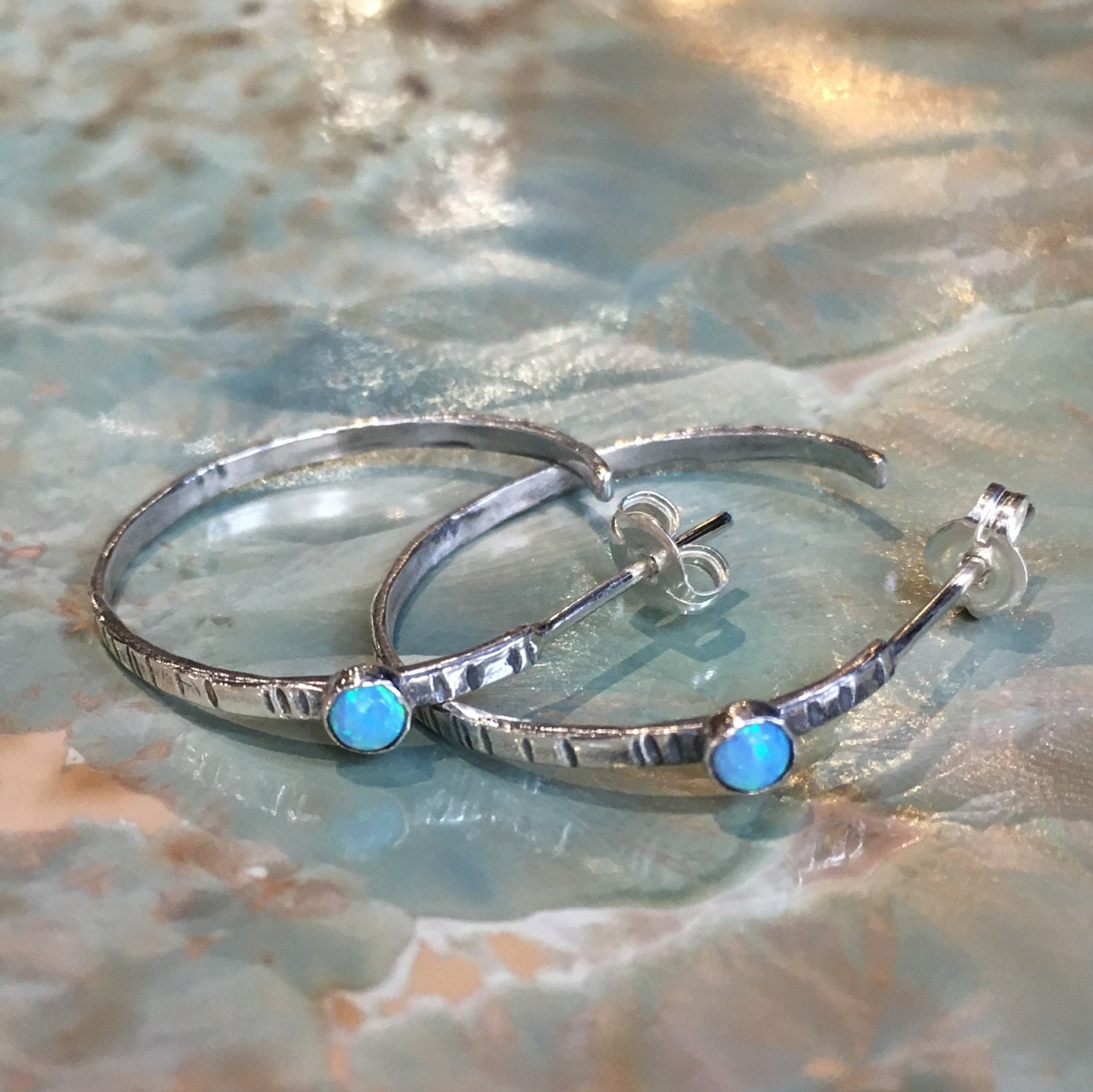 Opal Earrings, Simple Hoops, Sterling Silver Earrings, Hoop Earrings ...