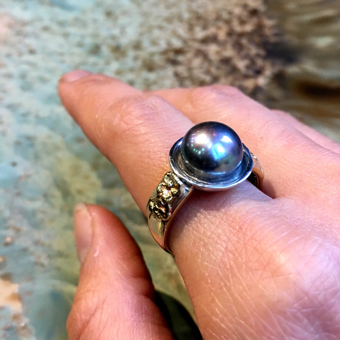 Black Pearl Ring Golden Brass Ring Statement Ring - Etsy