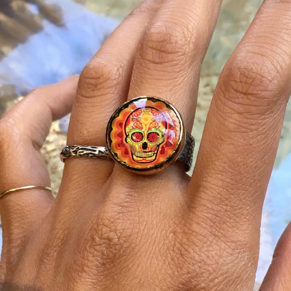 Skull Ring Silver Ring Statement Ring Resin Ring Day of - Etsy