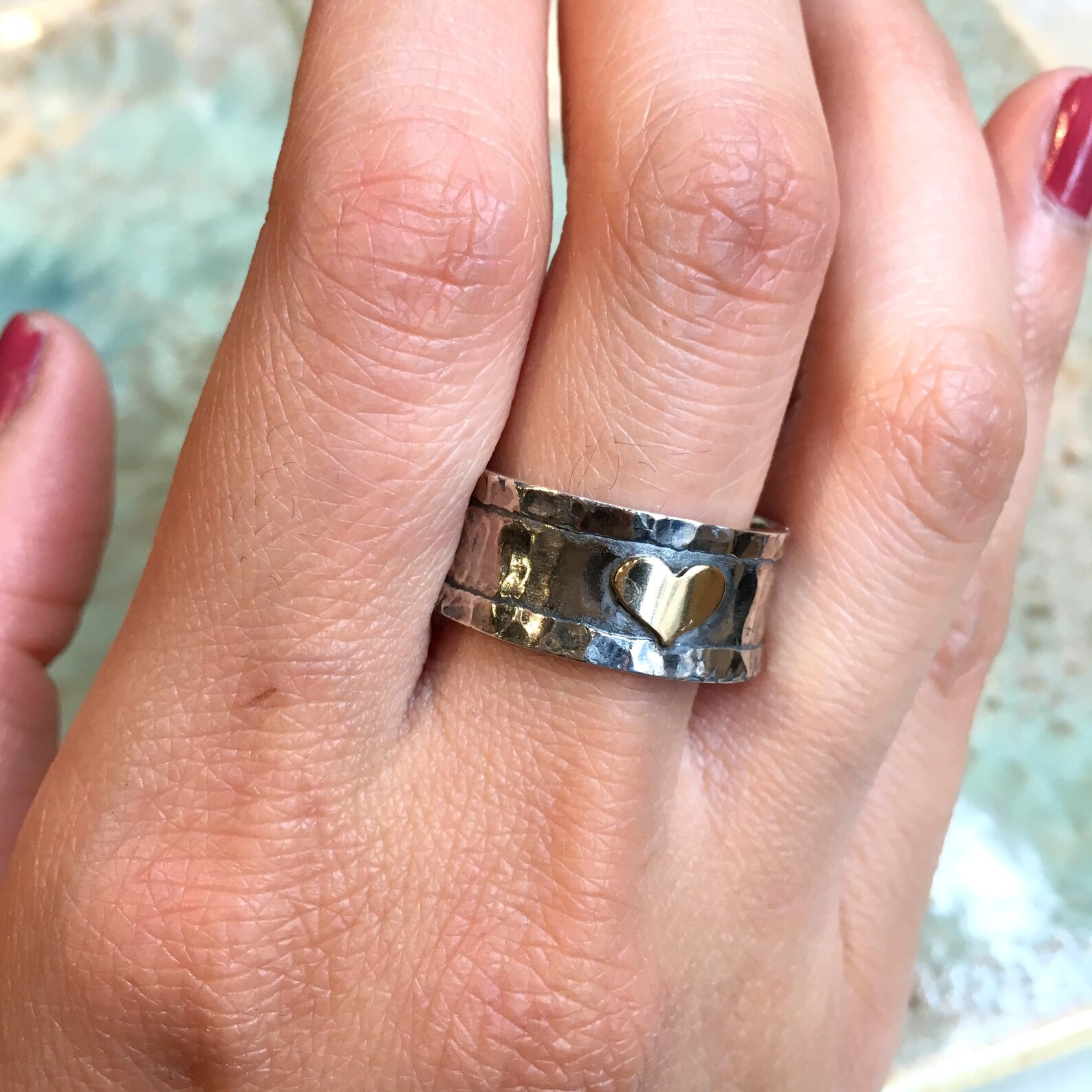 Gold Heart Ring, Two Tones Ring, Oxidised Ring, Valentines Ring, Wide ...