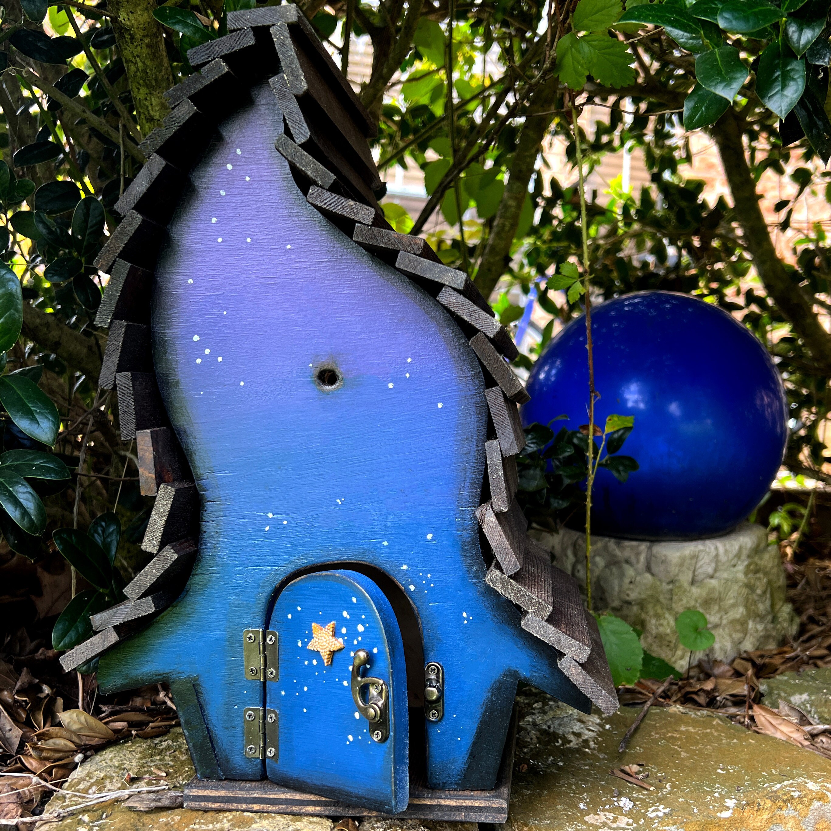 Handmade Wooden Birdhouse, Garden Art, Crooked Bird House, Starry Night ...