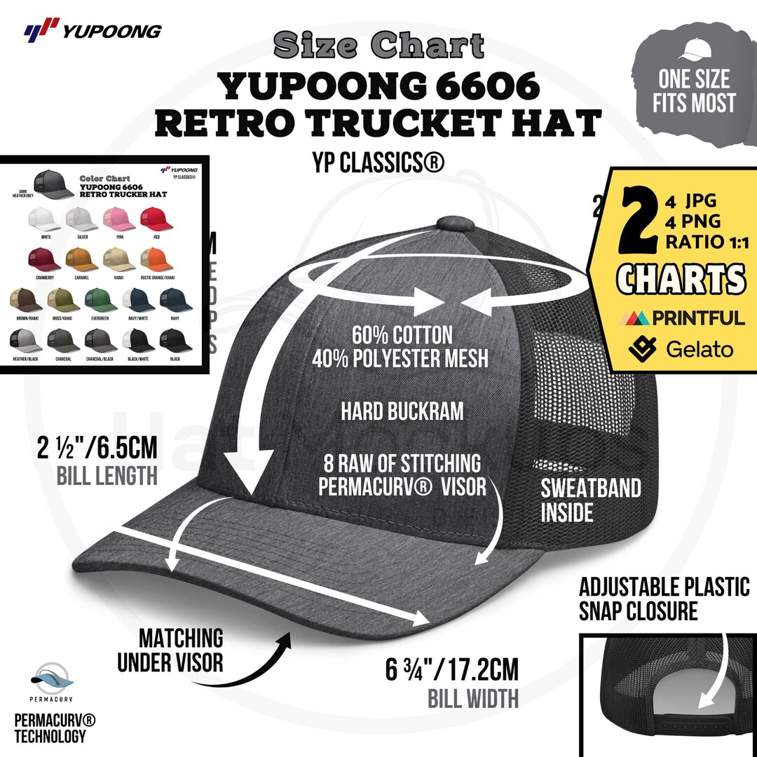 YUPOONG 6606 Hat Size Chart 6606 Retro Trucker Hat Color Chart ...