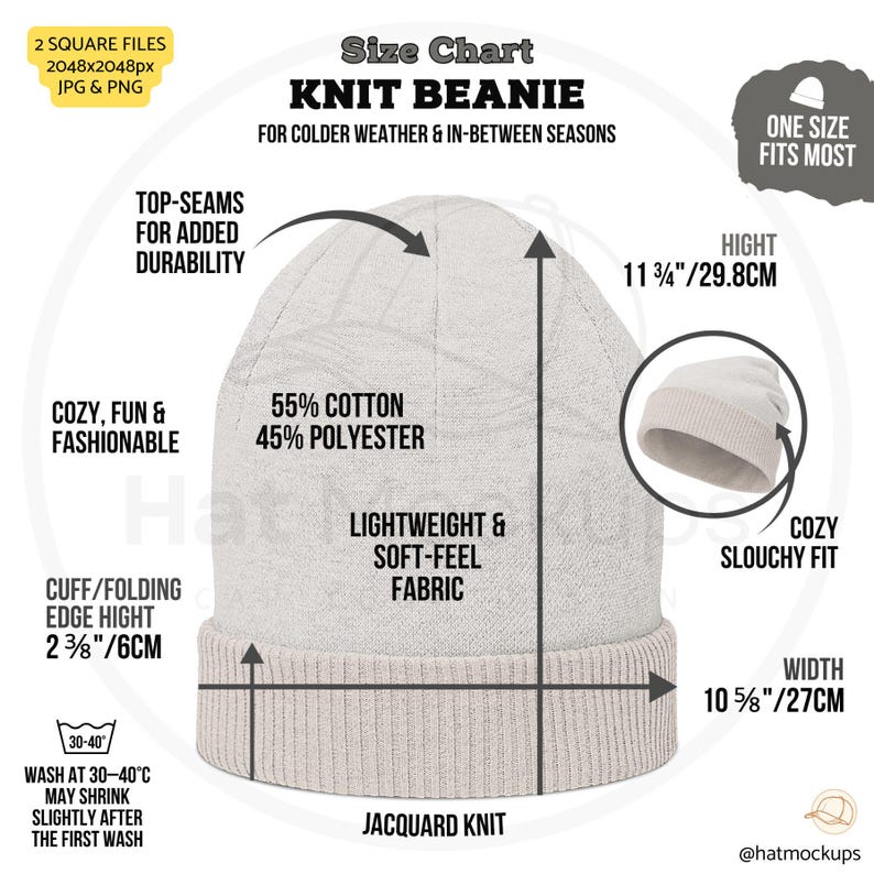 EDITABLE Size Chart Printful Knit Beanie, Custom Jacquard Knitted Cuff ...