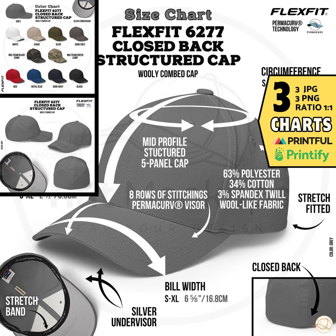 FLEXFIT 6277 Closed Back Structured Cap Size Chart and Color Guide ...