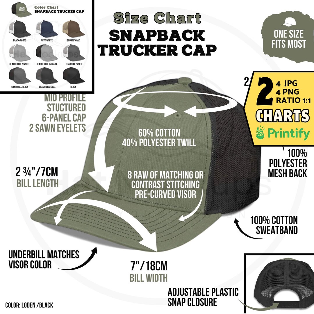SIZE CHART Snapback Trucker Cap Color Chart Printify Generic Brand ...