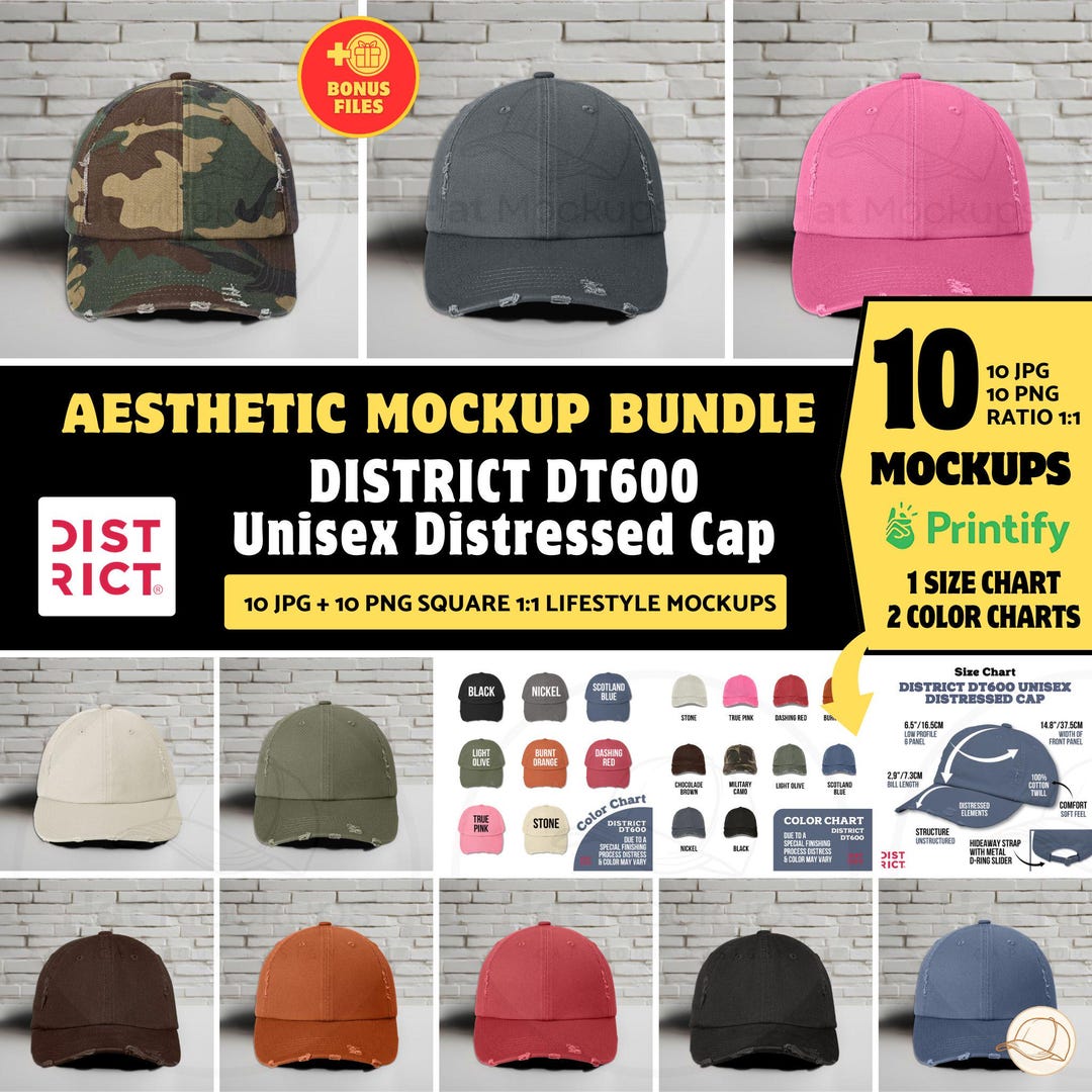 DISTRESSED HAT Mockup Bundle District DT600 Unisex Distressed Cap ...