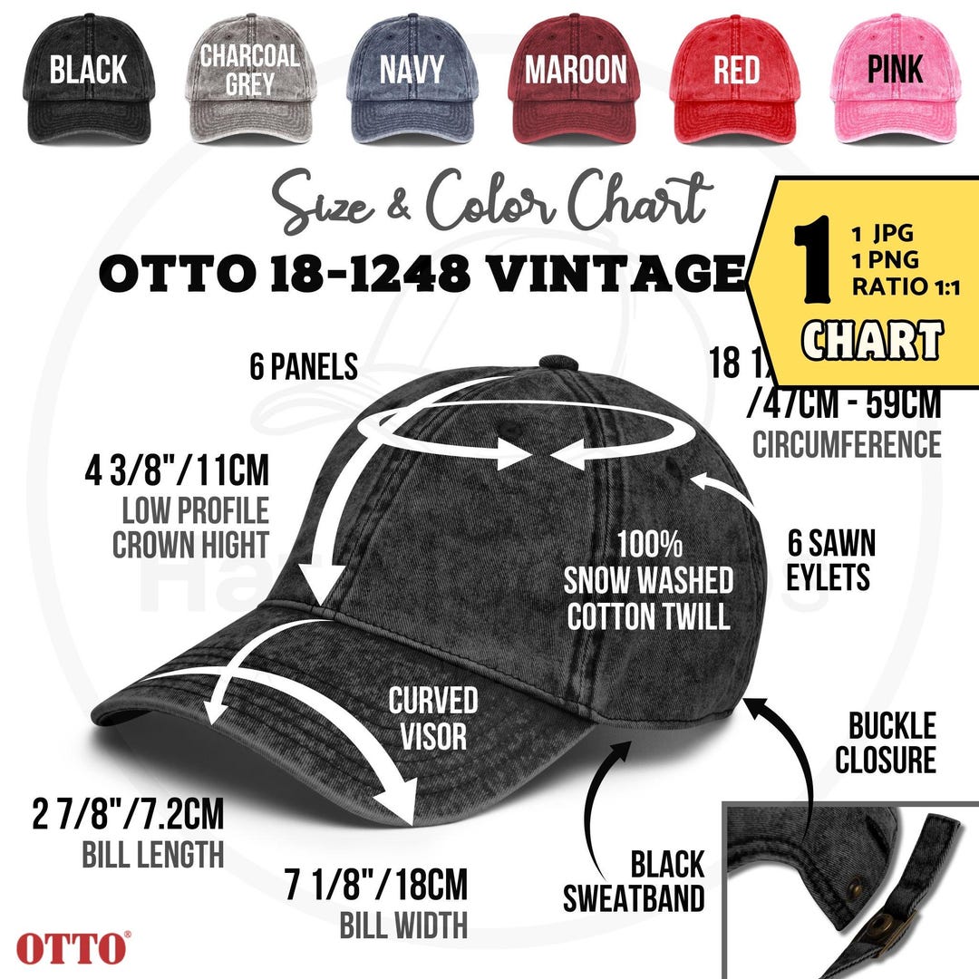 OTTO CAP 18-1248 Size and Color Chart OTTO 18-1248 Vintage Cap Size Chart Printful Dad Hat,otto ...