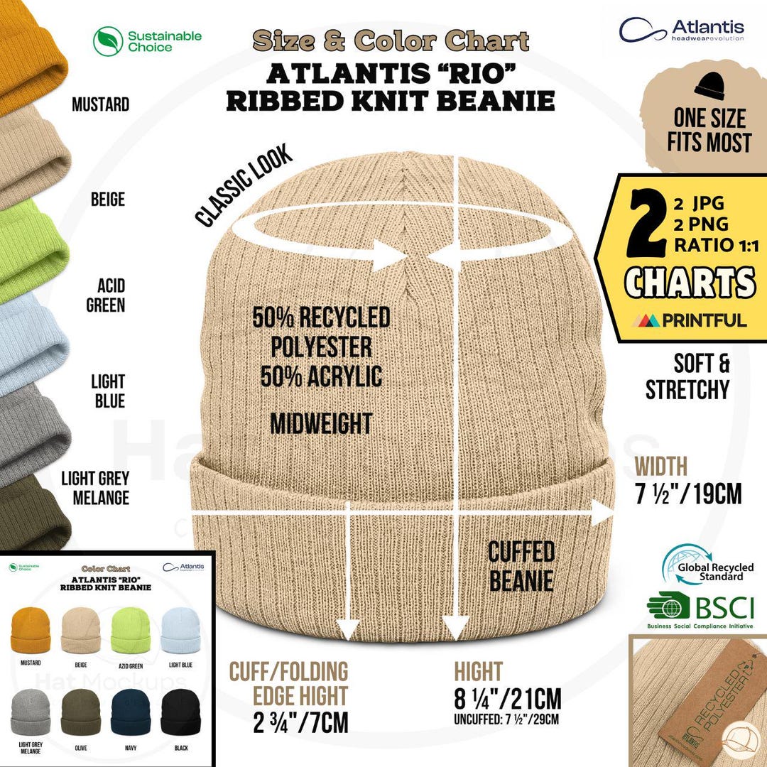 ATLANTIS BEANIE Size Color Chart Printful Atlantis Ribbed Knit Beanie ...
