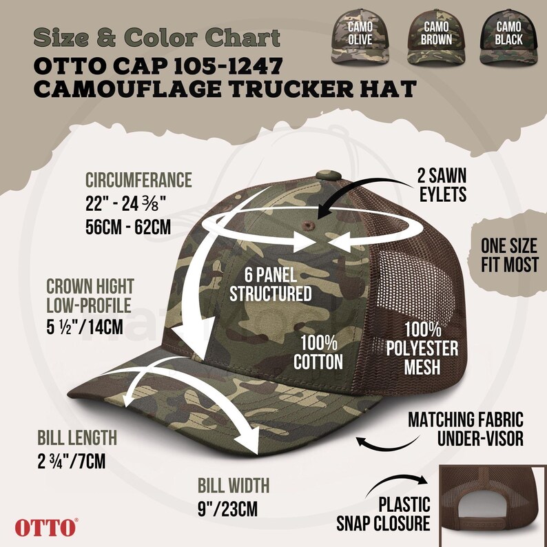 OTTO CAMOUFLAGE TRUCKER Hat Mockup Bundle, Camo Olive Otto Cap 105-1247 ...