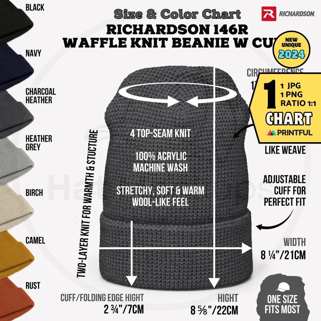 WAFFLE BEANIE Size and Color Chart Printful Richardson 146R Waffle ...
