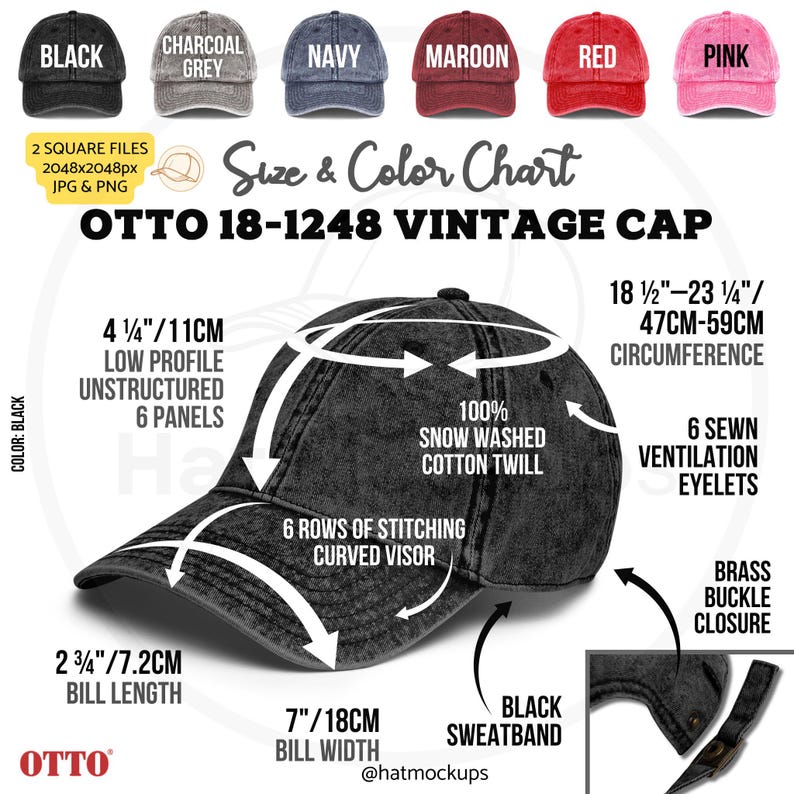 OTTO 18-1248 Vintage Cap Size and Color Chart, Printful Printify Otto ...
