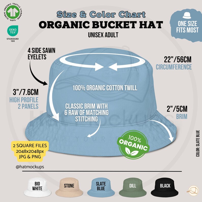 ORGANIC BUCKET HAT Size and Color Chart Printful Bucket Hat Features ...
