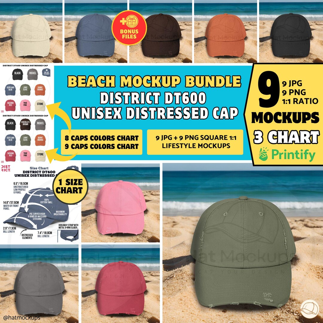 DISTRESSED CAP Mockup Bundle District DT600 Unisex Distressed Cap on a ...