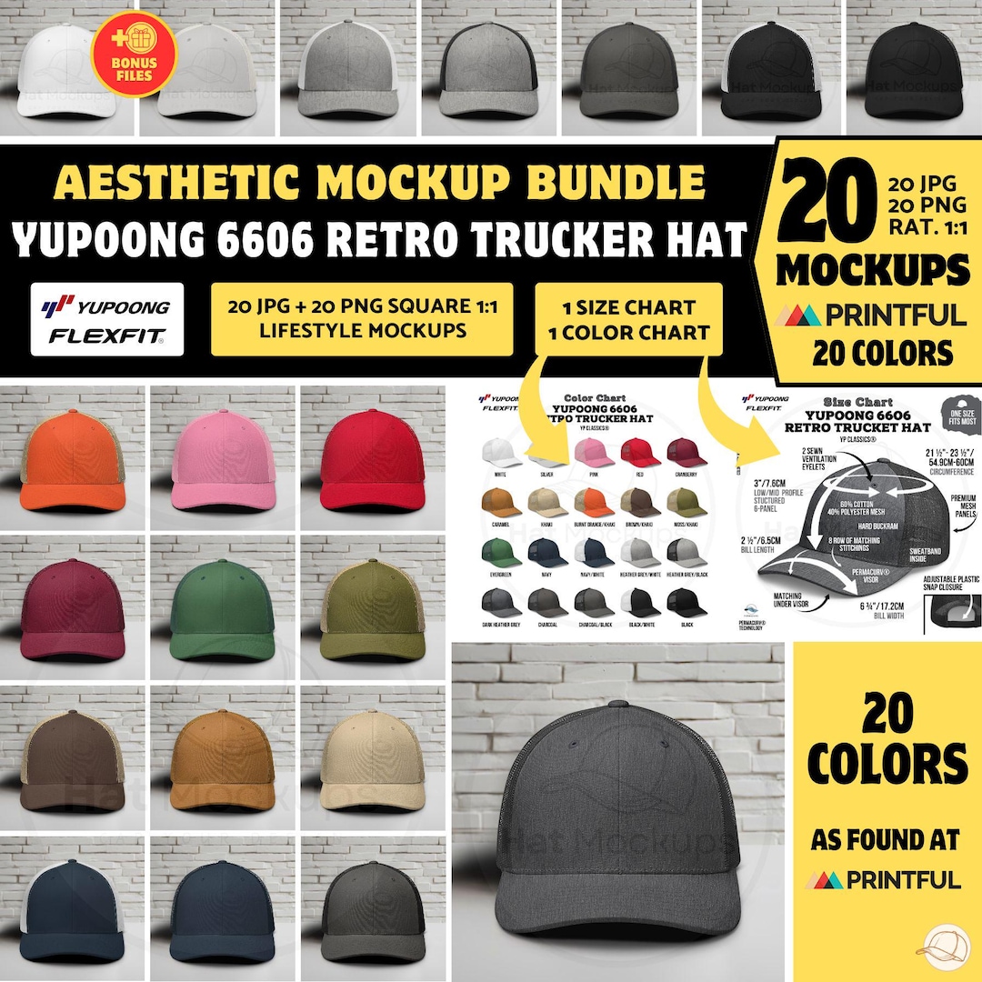 YUPOONG 6606 Retro Trucker Hat Mockup Bundle Printful 20 Colors ...