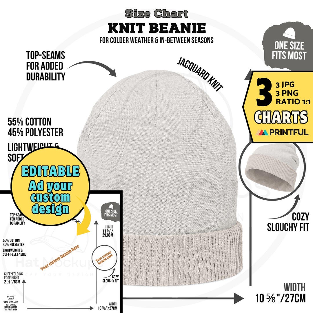 EDITABLE Size Chart Printful Knit Beanie, Custom Jacquard Knitted Cuff ...