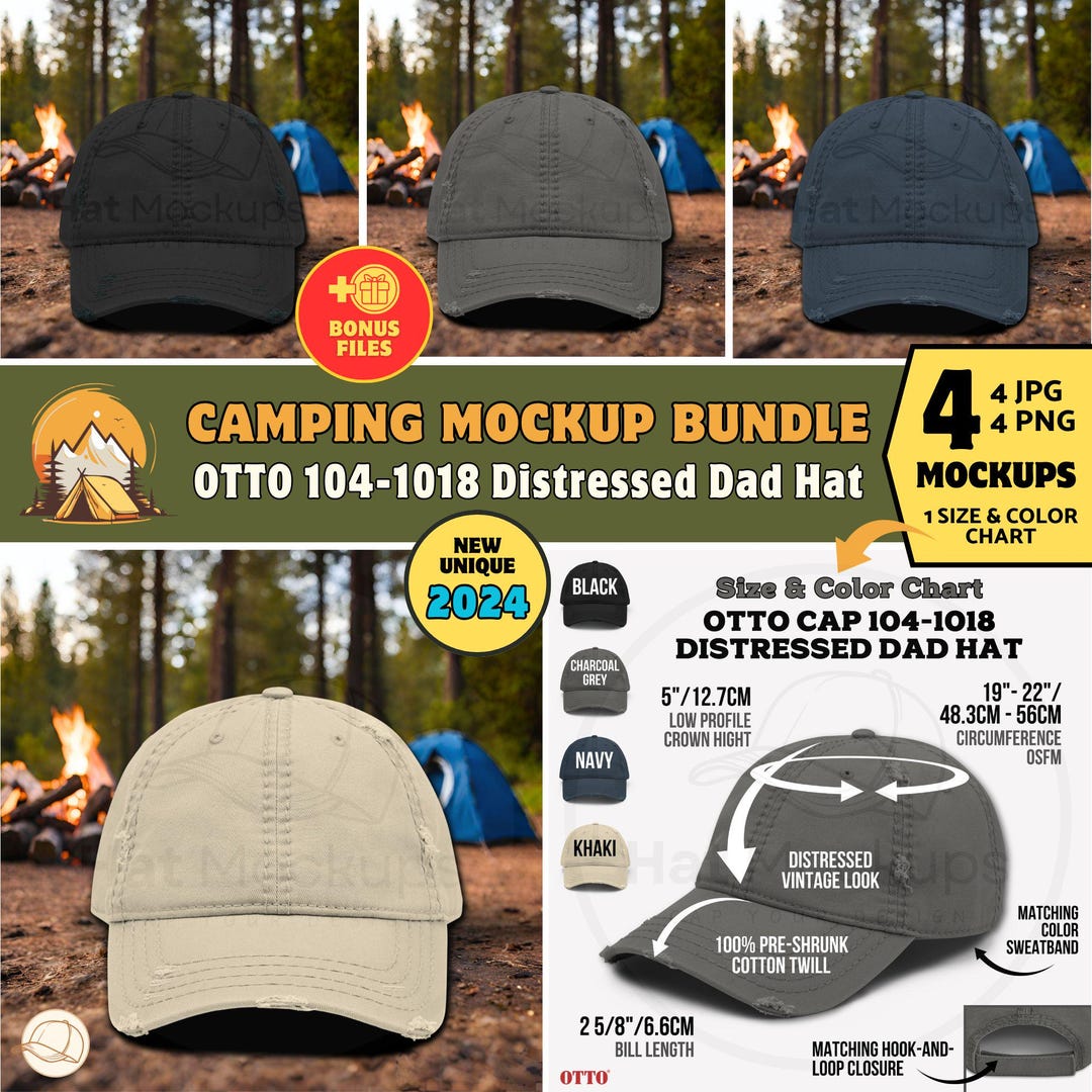 CAMPER DISTRESSED HAT Mockup Bundle Otto 104-1018 Distressed Dad Hat Mock Up, Distressed Otto ...