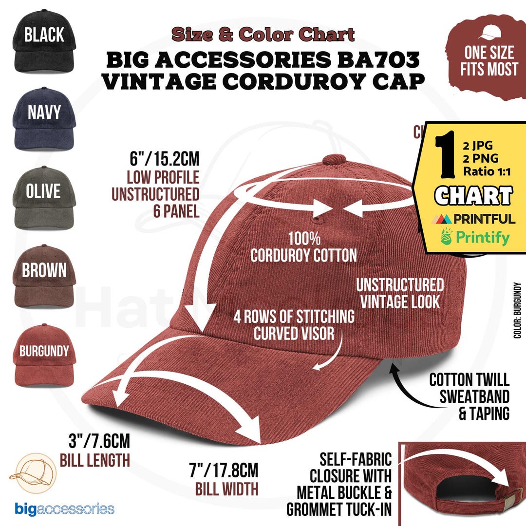 BA703 CORDUROY Cap Size and Color Chart Big Accessories Vintage ...