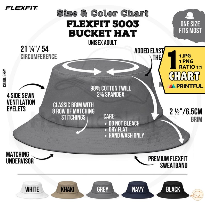 FLEXFIT 5003 Bucket Hat Size and Color Chart, Printful Bucket Adult ...