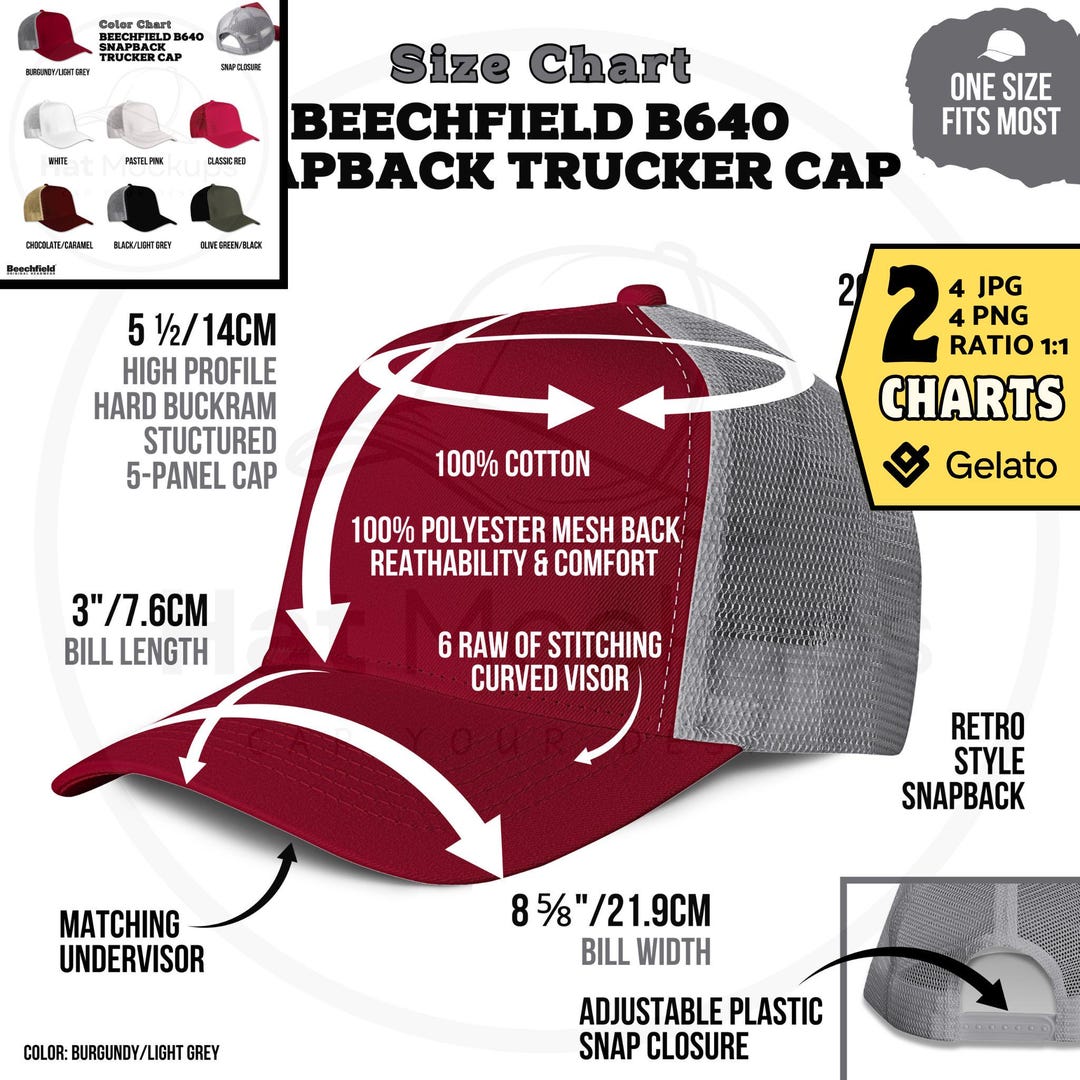 BEECHFIELD B640 Snapback Trucker Cap Size Chart Color Guide, EU Gelato ...