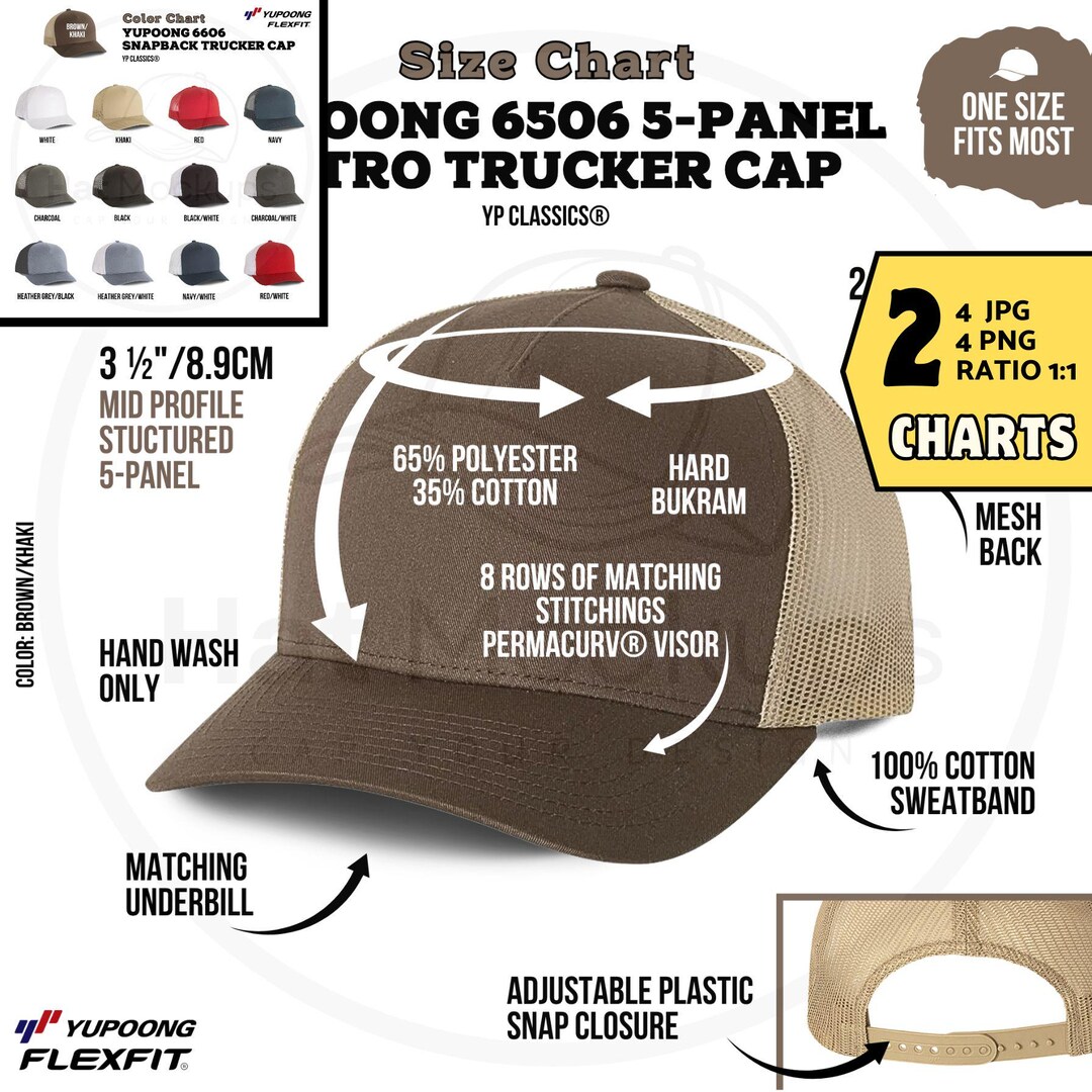 YUPOONG 6506 5-panel Retro Trucker Cap Size Chart Color Guide, Flexfit ...