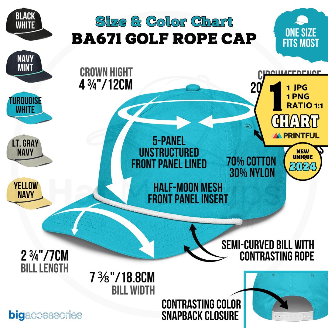 GOLF ROPE CAP Size Color Chart,printful BA671 Golf Rope Cap Color Chart,5 Color Big Accessories ...