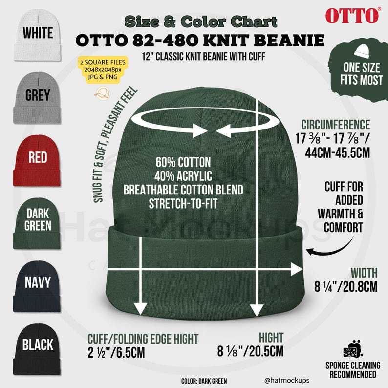 OTTO 82-480 Knit Beanie Size and Color Chart, Printful Printify Colour ...