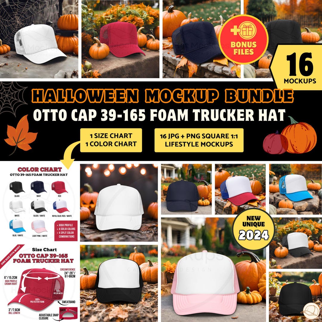 HALLOWEEN TRUCKER HAT Mockup Bundle, Size Chart Otto 39-165 Foam ...