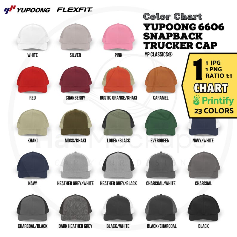 YUPOONG 6606 Snapback Trucker Cap Color Chart, YP6606 Hat Printify 23 ...