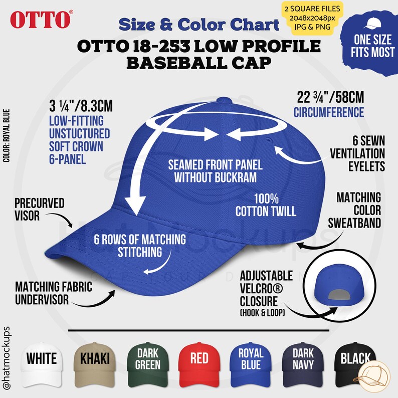 OTTO 18-253 Cap Size Color Chart, Low Profile Baseball Hat Features ...