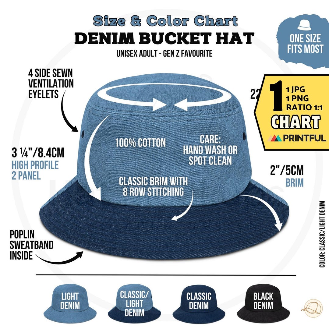 PRINTFUL Denim Bucket Hat Size and Color Chart, Sun Hat Product Specs ...